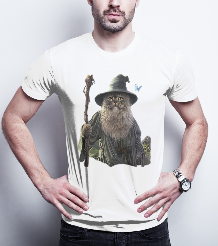 Cat The Mountain Wizard Catdalf Cat With Staff And Hat T-Shirt
