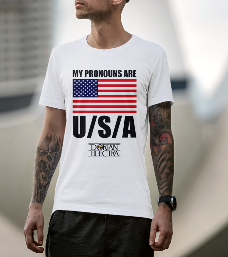 My Pronouns Are USA Dorian Electra American Flag T-Shirt