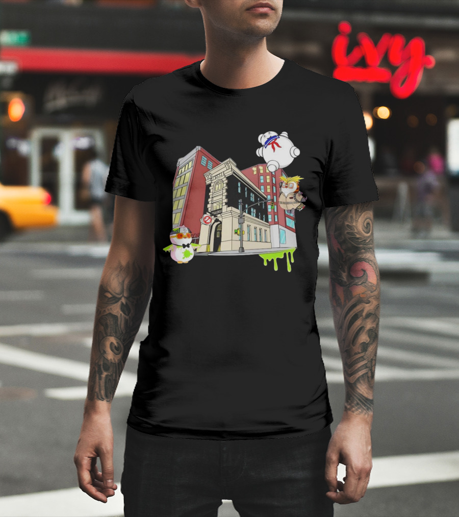Stay Puft Marshmallow Man Pudgy Penguins Ghostbusters Firehouse Scene T-Shirt