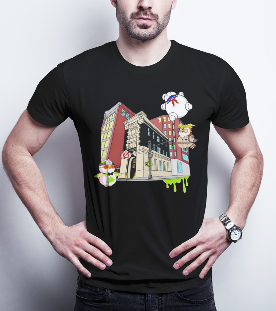 Stay Puft Marshmallow Man Pudgy Penguins Ghostbusters Firehouse Scene T-Shirt