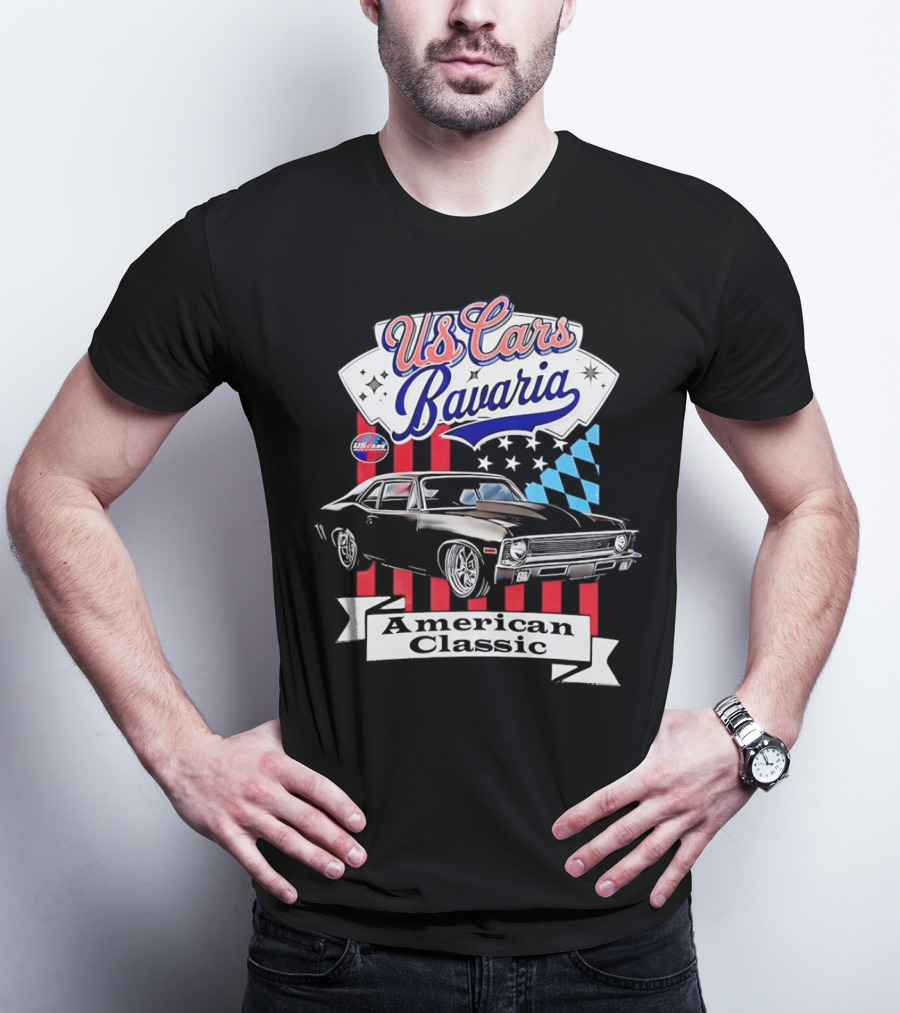 US Cars Bavaria American Classic With Black Muscle Car And Checkered Flags T-Shirt