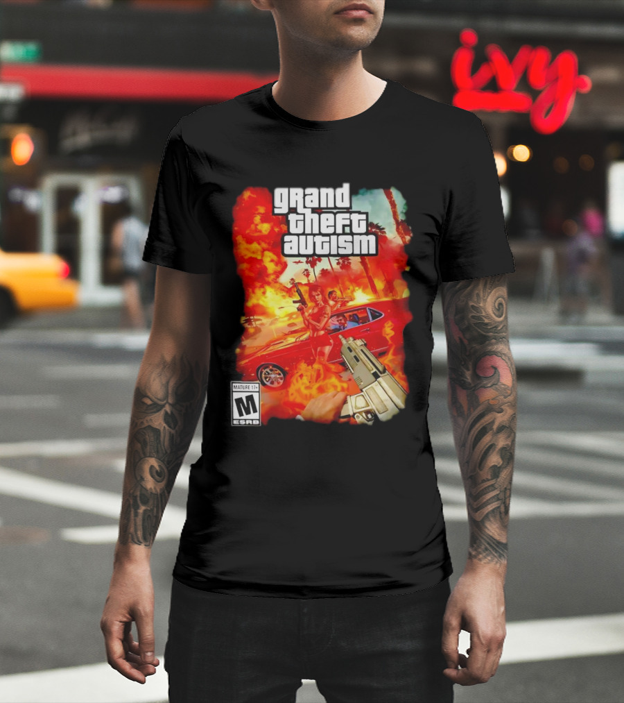 Grand Theft Autism Video Game Cover Parody With Car And Weapon T-Shirt