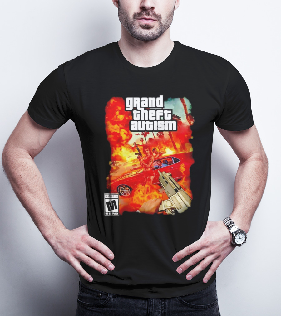Grand Theft Autism Video Game Cover Parody With Car And Weapon T-Shirt