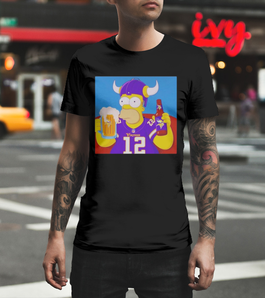 Homer Simpson In Minnesota Vikings Gear Drinking Beer T-Shirt