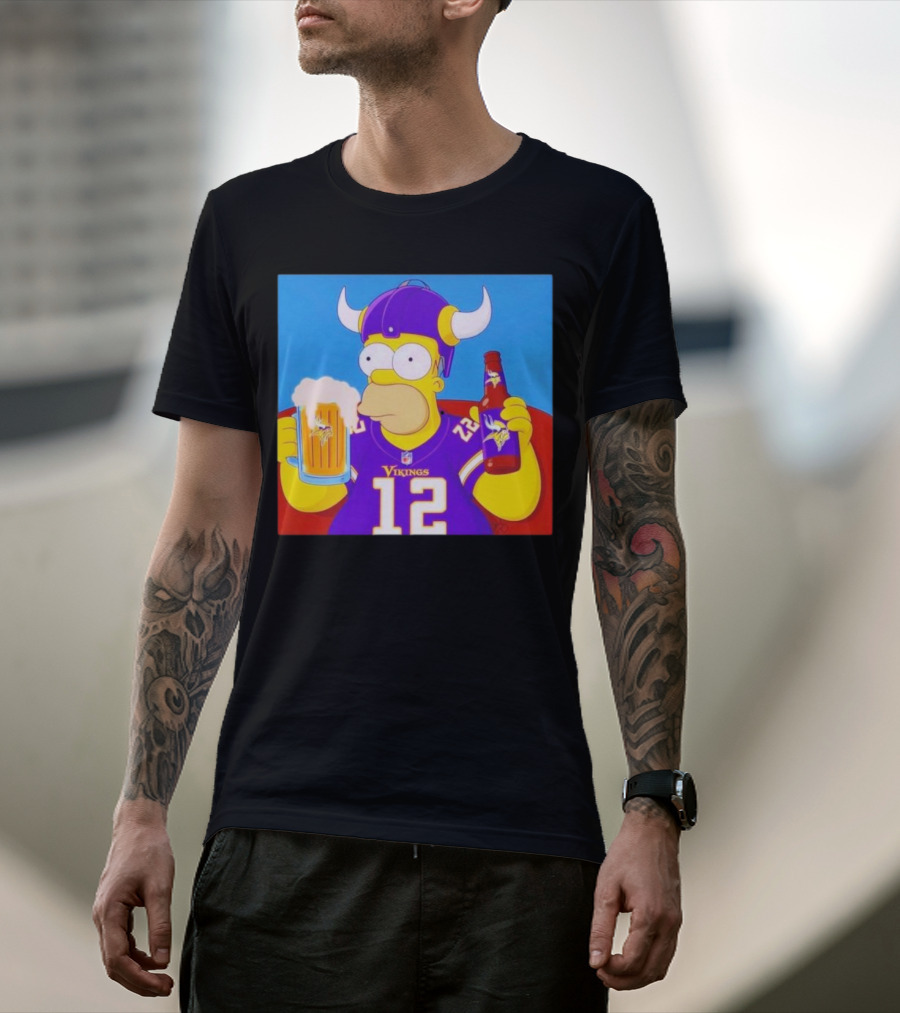 Homer Simpson In Minnesota Vikings Gear Drinking Beer T-Shirt