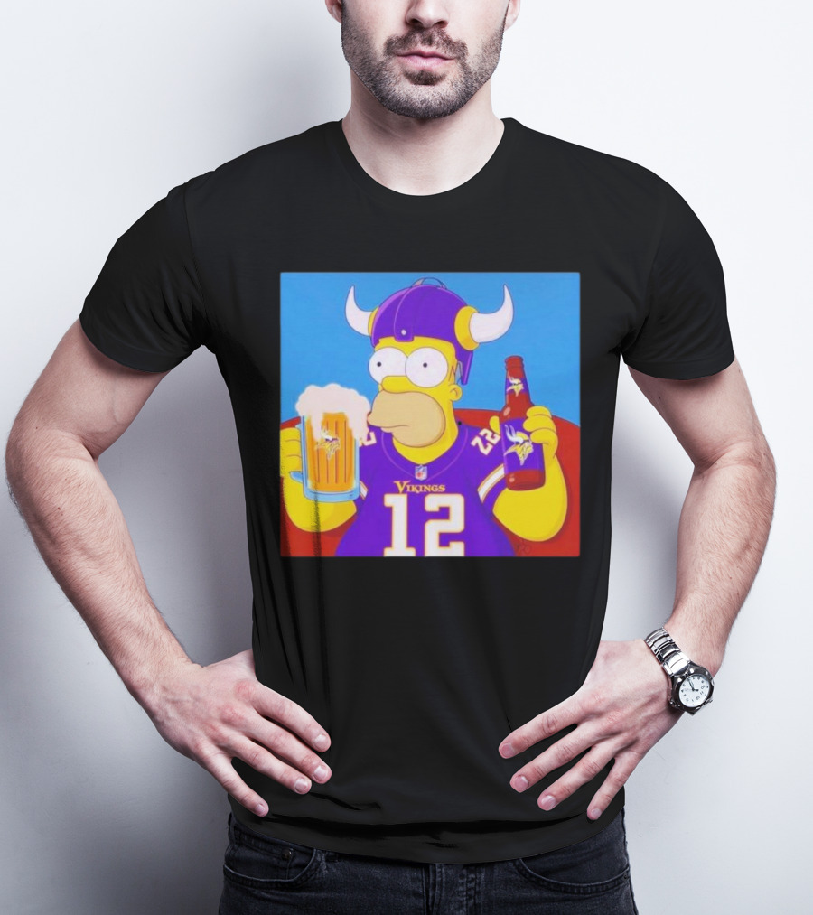 Homer Simpson In Minnesota Vikings Gear Drinking Beer T-Shirt