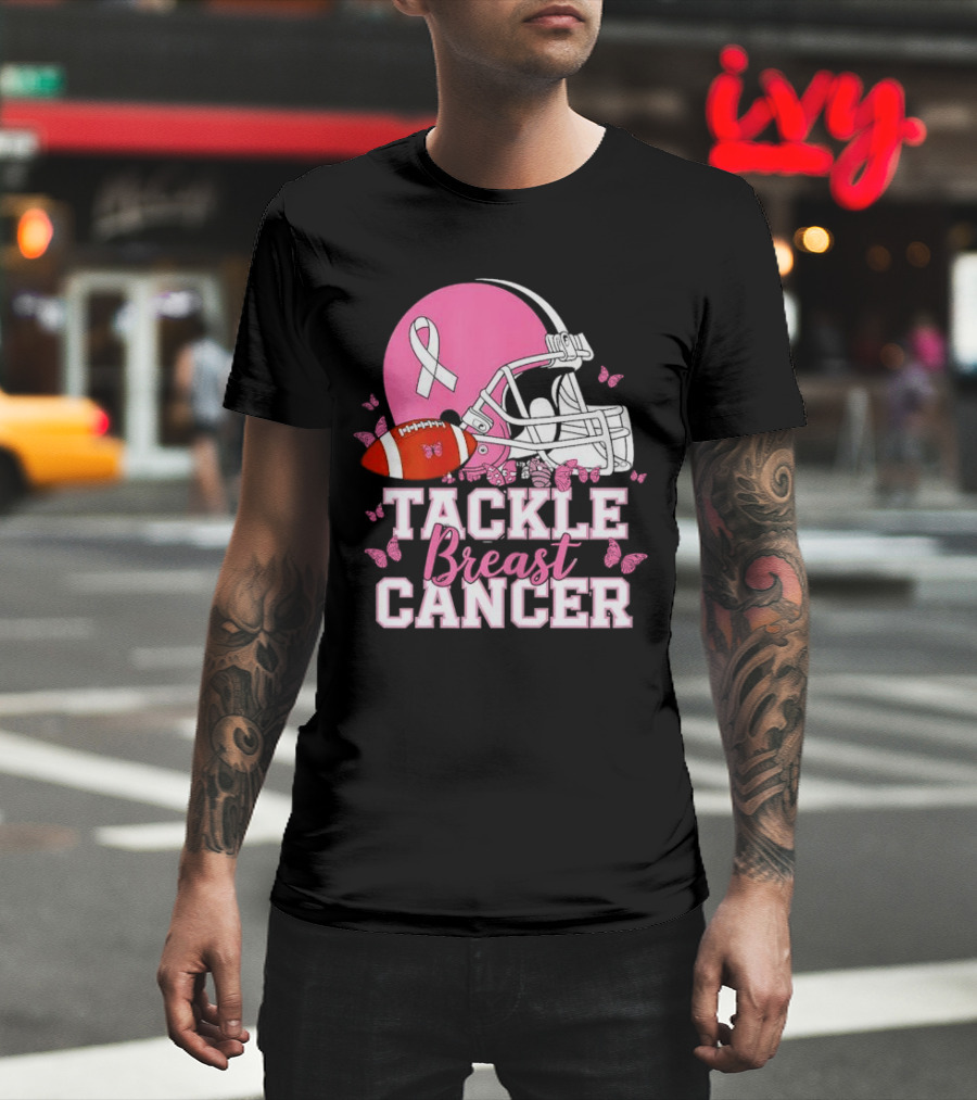 Tackle Breast Cancer Awareness Pink Football Helmet Ribbon Butterflies T-Shirt
