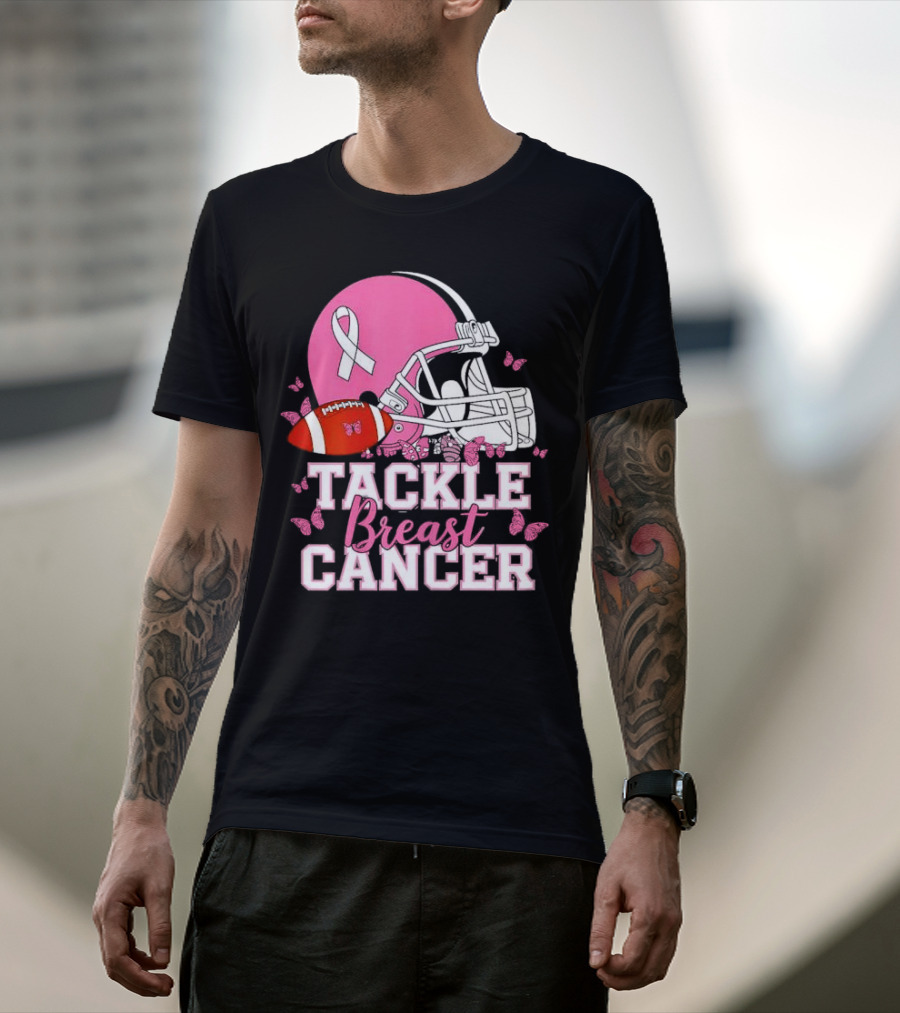 Tackle Breast Cancer Awareness Pink Football Helmet Ribbon Butterflies T-Shirt