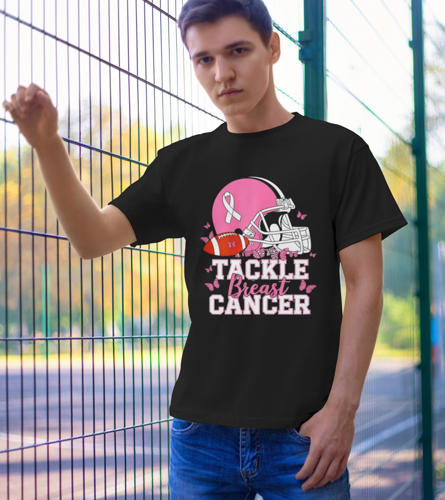 Tackle Breast Cancer Awareness Pink Football Helmet Ribbon Butterflies T-Shirt