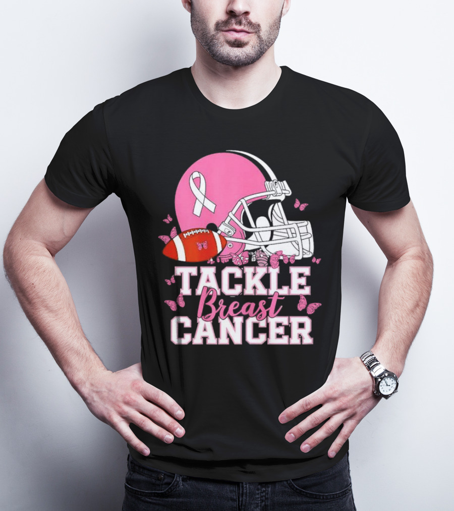 Tackle Breast Cancer Awareness Pink Football Helmet Ribbon Butterflies T-Shirt