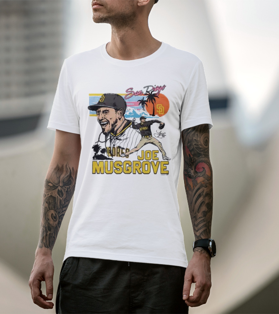 Joe Musgrove San Diego Padres Sunset Palm Trees Signature Caricature T-Shirt
