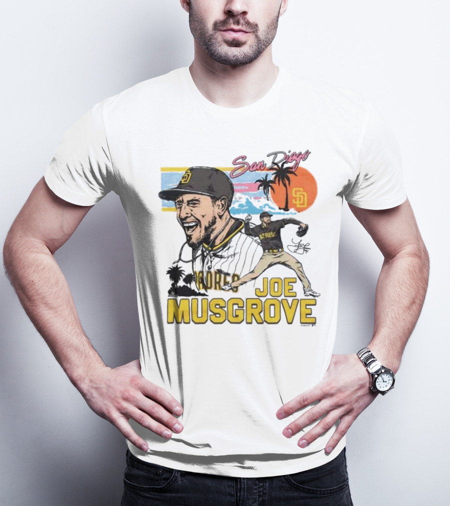 Joe Musgrove San Diego Padres Sunset Palm Trees Signature Caricature T-Shirt