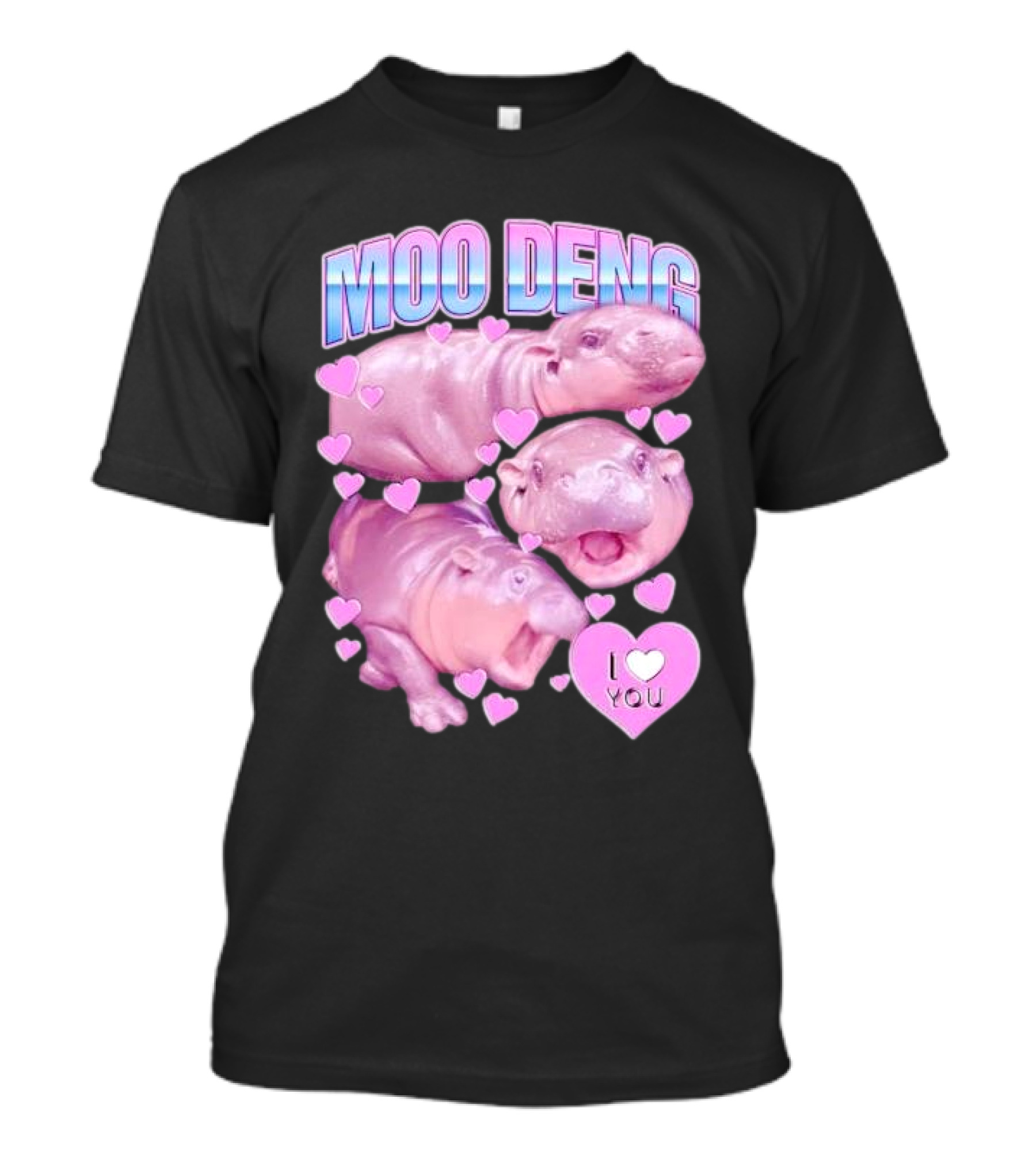 Moo Deng I Love You Pink Hippo Hearts T-Shirt