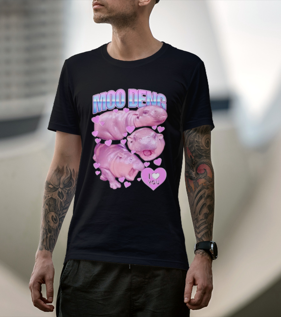 Moo Deng I Love You Pink Hippo Hearts T-Shirt