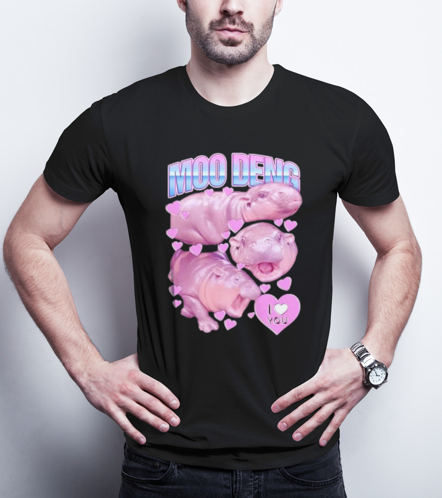 Moo Deng I Love You Pink Hippo Hearts T-Shirt