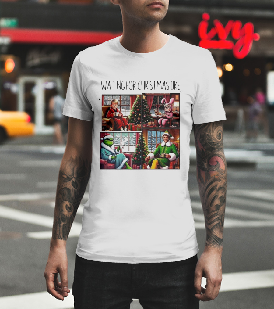 Waiting For Christmas Like Iconic Holiday Characters With Christmas Tree And Cozy Living Room Scene T-Shirt