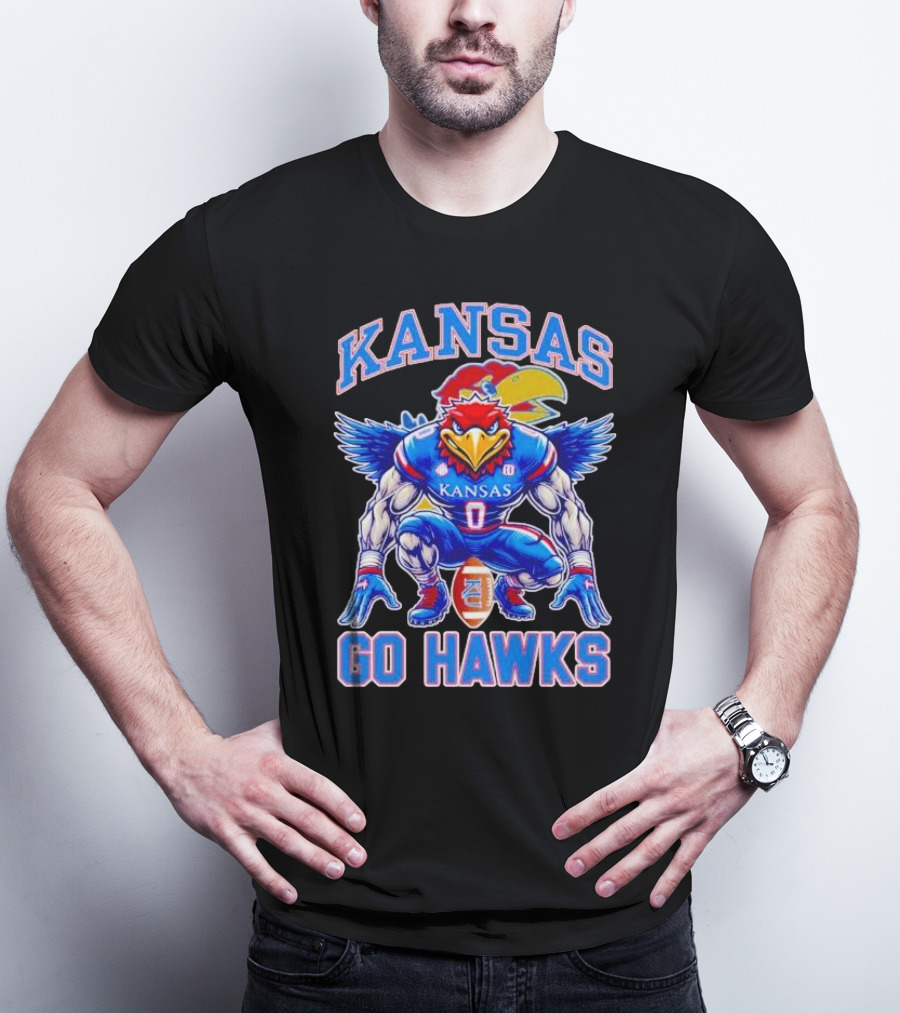 Kansas Jayhawks Go Hawks Fierce Mascot Football T-Shirt