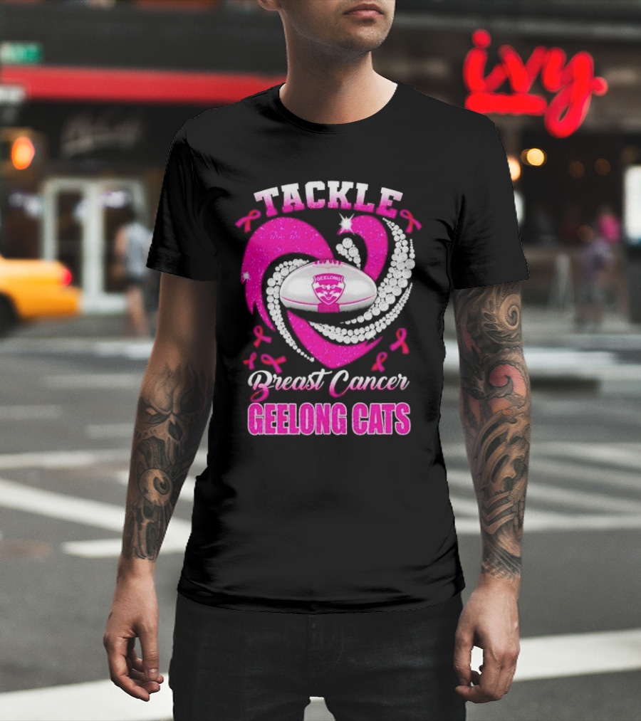 Tackle Breast Cancer Geelong Cats Pink Ribbon Football Heart T-Shirt