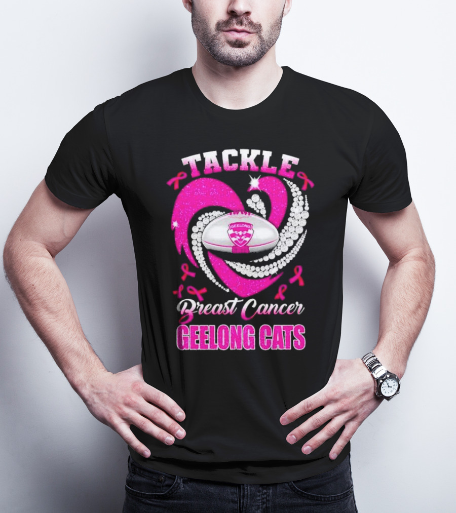 Tackle Breast Cancer Geelong Cats Pink Ribbon Football Heart T-Shirt