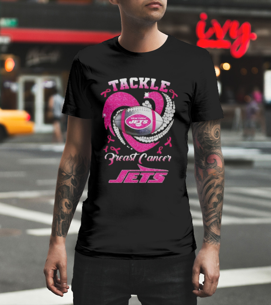 Tackle Breast Cancer New York Jets Football Heart Pink Ribbons T-Shirt