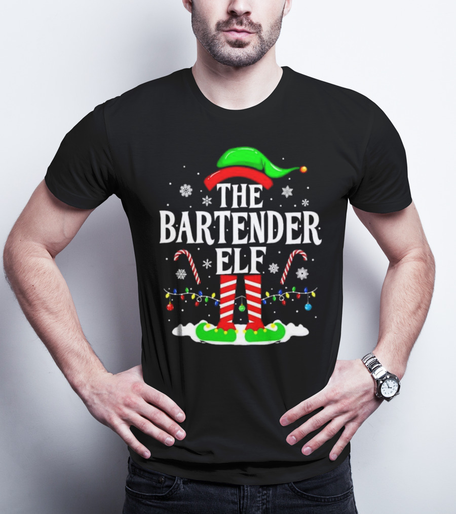 The Bartender Elf Christmas Candy Canes Festive Lights And Snowflakes T-Shirt
