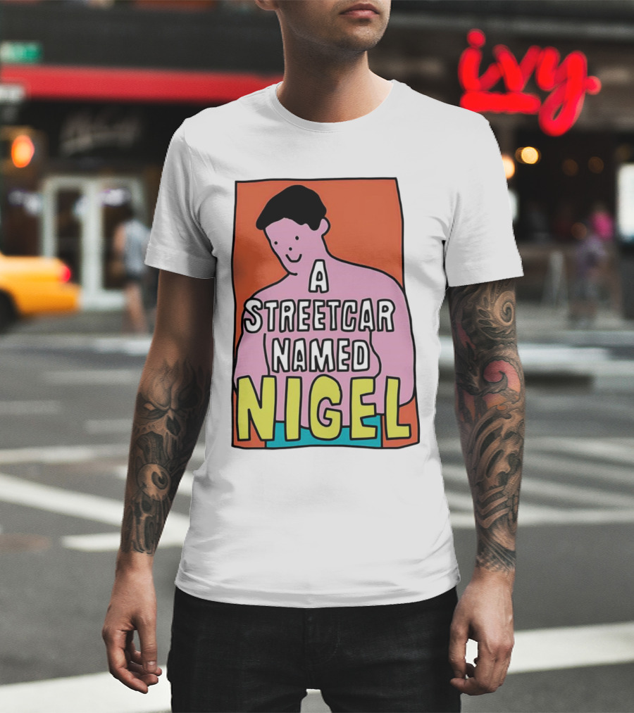 A Streetcar Named Nigel Pink Cartoon Character With Orange Background T-Shirt