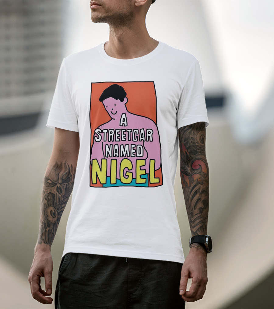 A Streetcar Named Nigel Pink Cartoon Character With Orange Background T-Shirt