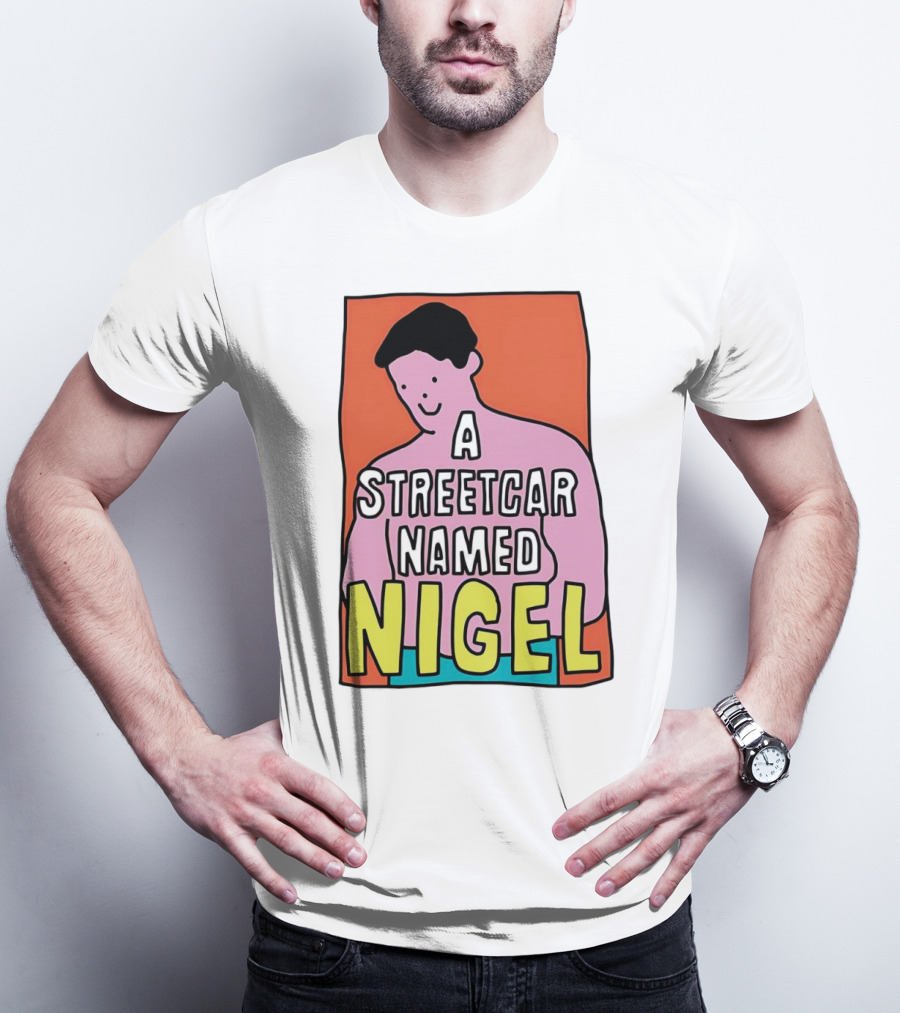 A Streetcar Named Nigel Pink Cartoon Character With Orange Background T-Shirt