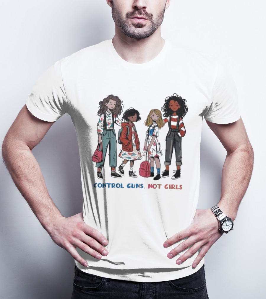 CONTROL GUNS NOT GIRLS WITH FOUR DIVERSE GIRLS HOLDING BACKPACKS T-Shirt