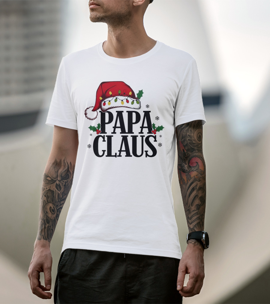 Papa Claus Christmas Santa Hat Holly Lights Snowflakes T-Shirt