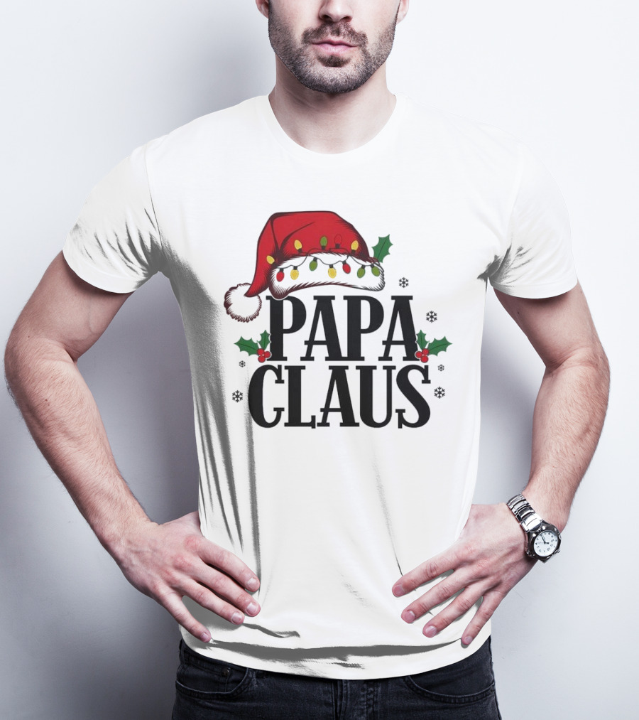 Papa Claus Christmas Santa Hat Holly Lights Snowflakes T-Shirt