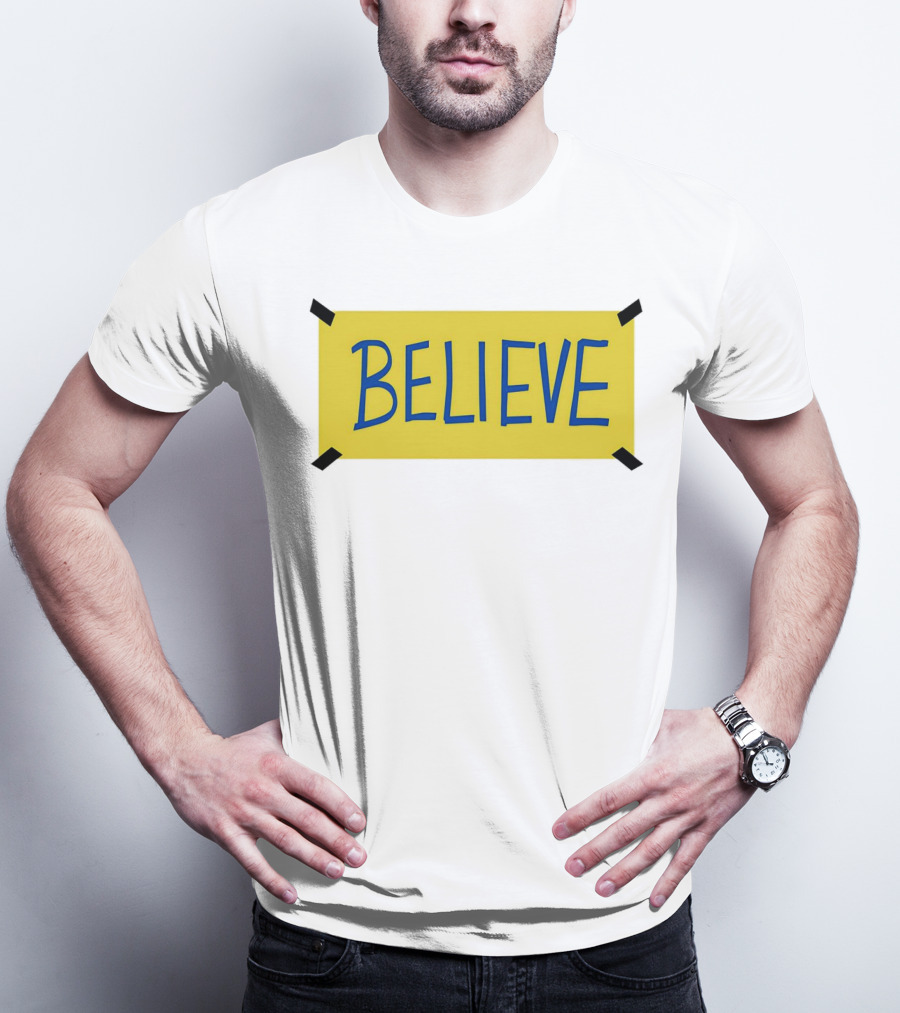 Ted Lasso Believe Sign Taped Yellow Background T-Shirt