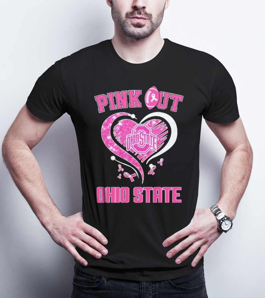 Ohio State Pink Out Breast Cancer Heart Football T-Shirt