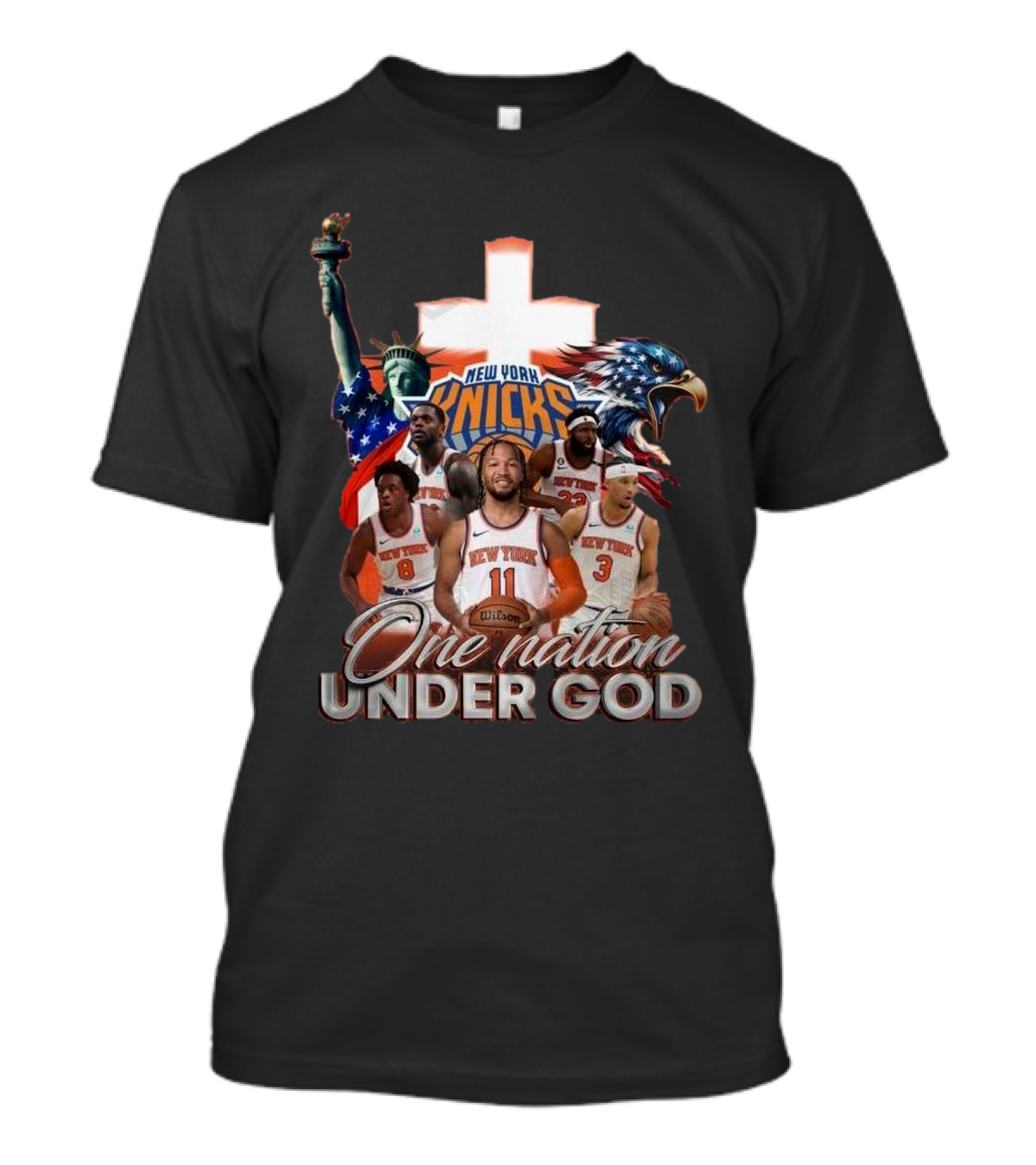 New York Knicks One Nation Under God Statue Of Liberty American Eagle Basketball Players T-Shirt