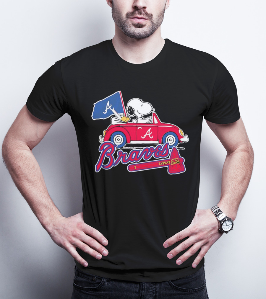 Snoopy And Woodstock Driving Car Atlanta Braves Logo Peanuts Cartoon T-Shirt