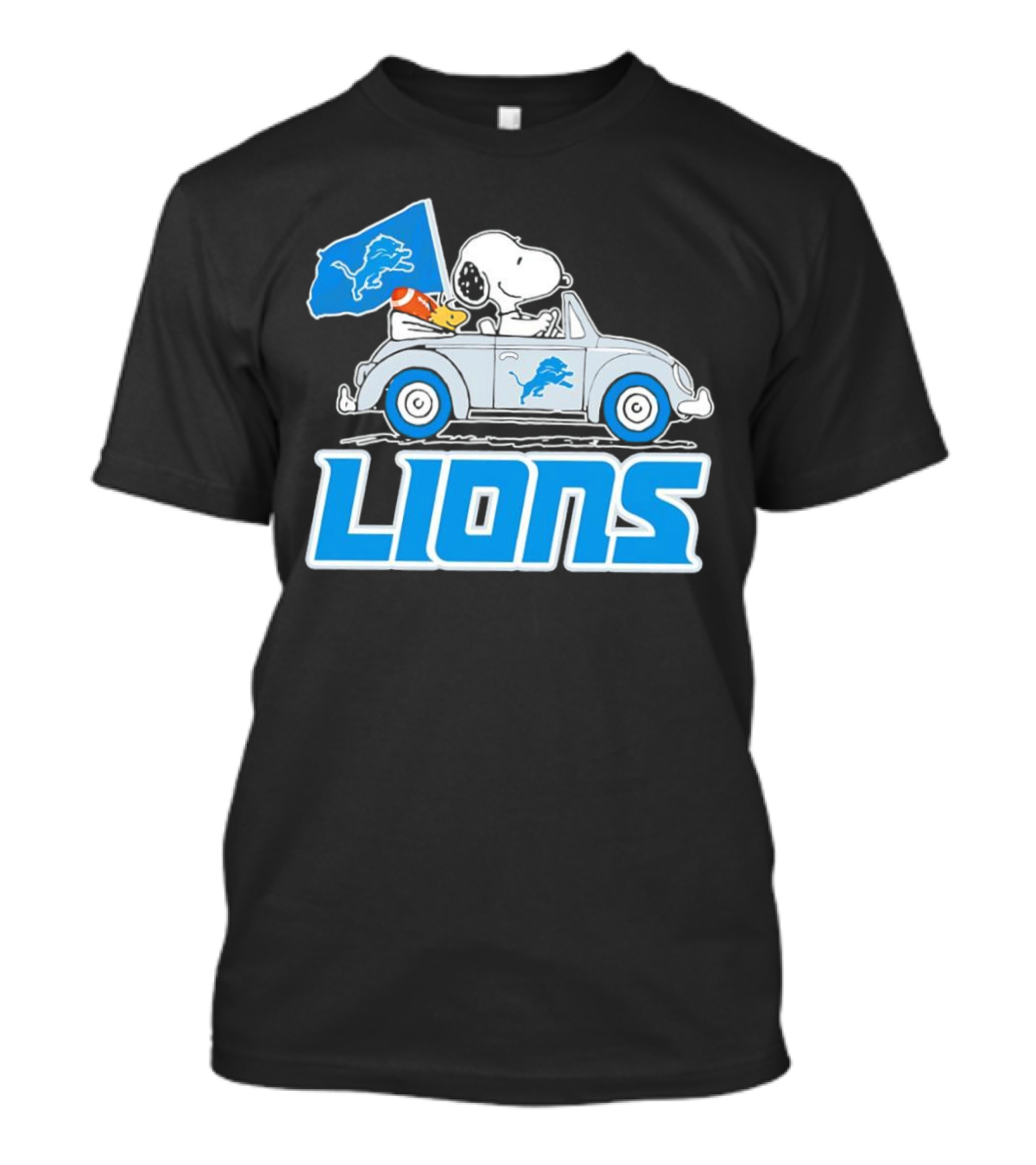 Snoopy And Woodstock In Car With Detroit Lions Flag T-Shirt