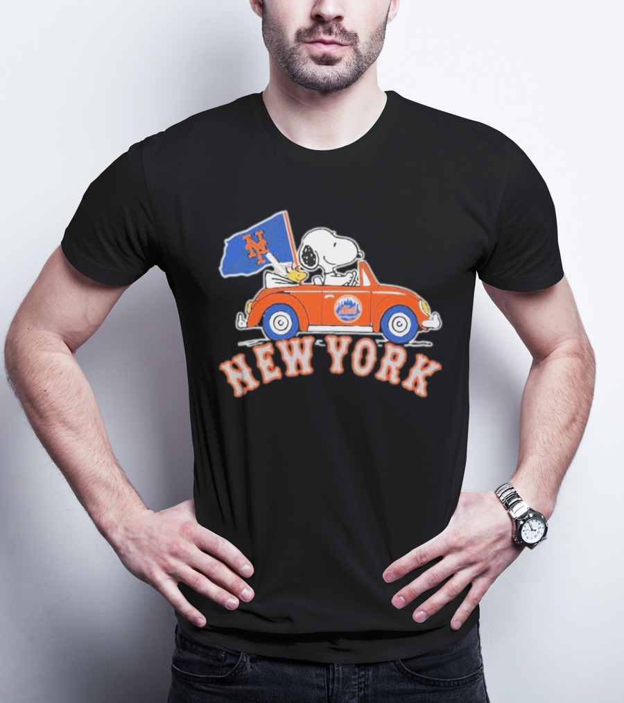 Snoopy Driving Car With New York Mets Flag T-Shirt