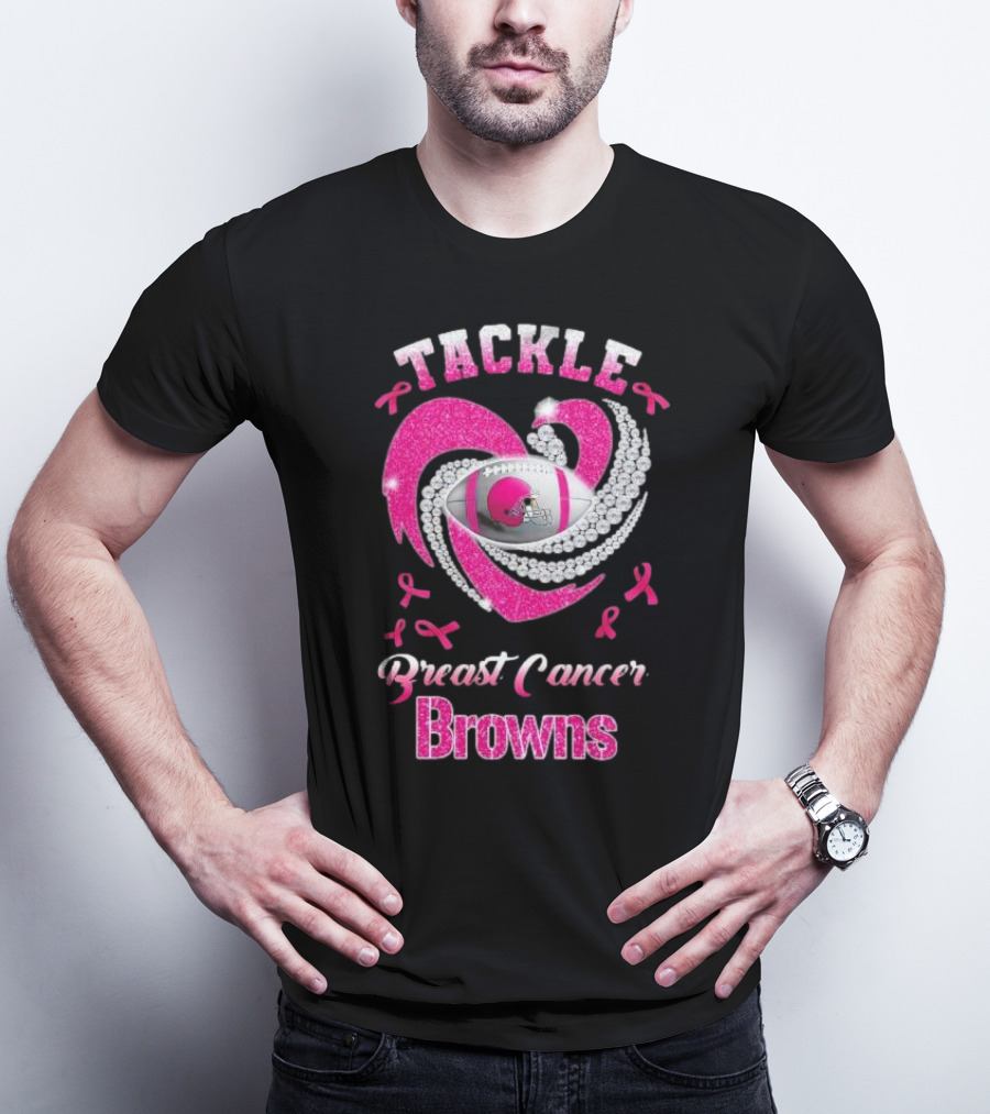 Tackle Breast Cancer Browns Pink Ribbon Football T-Shirt