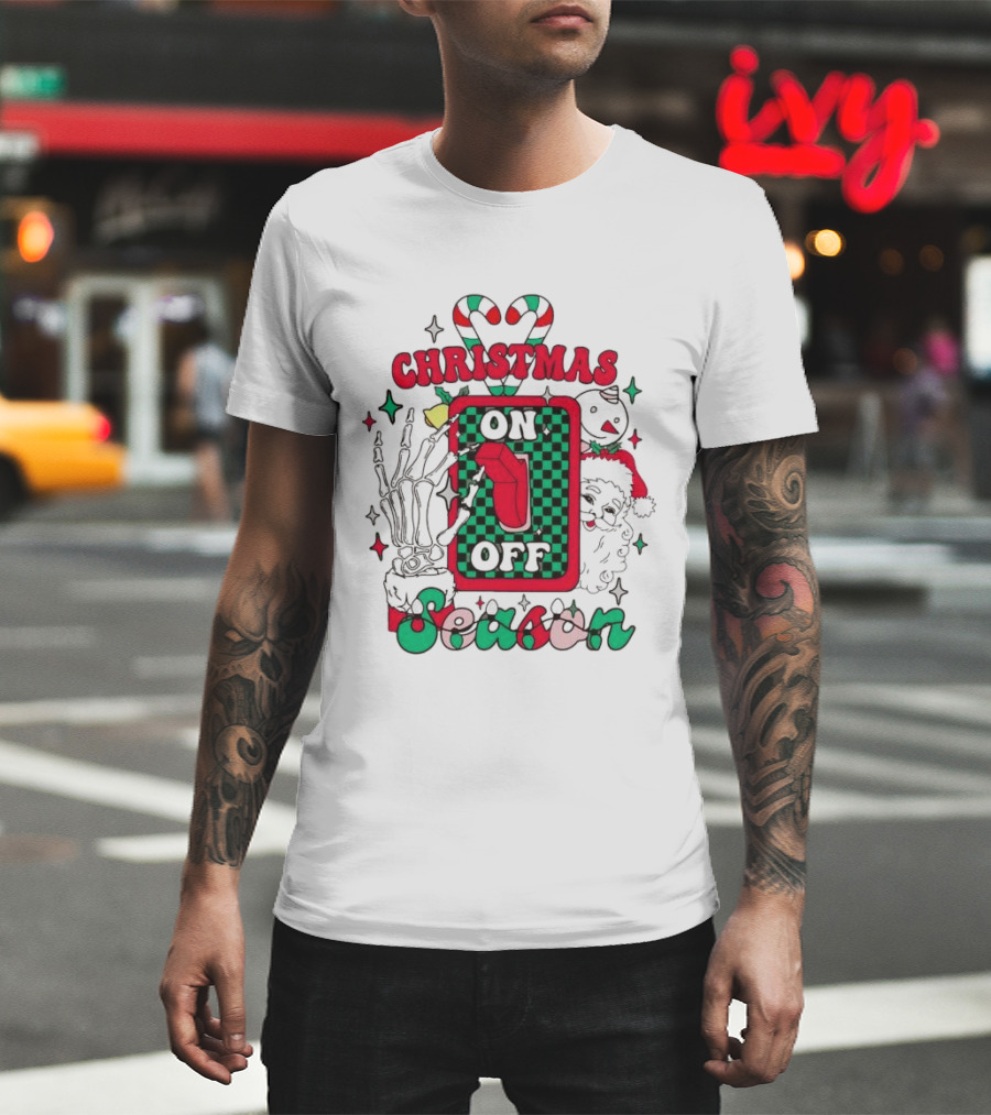 Christmas Season On Off Skeleton Hand Santa Claus T-Shirt