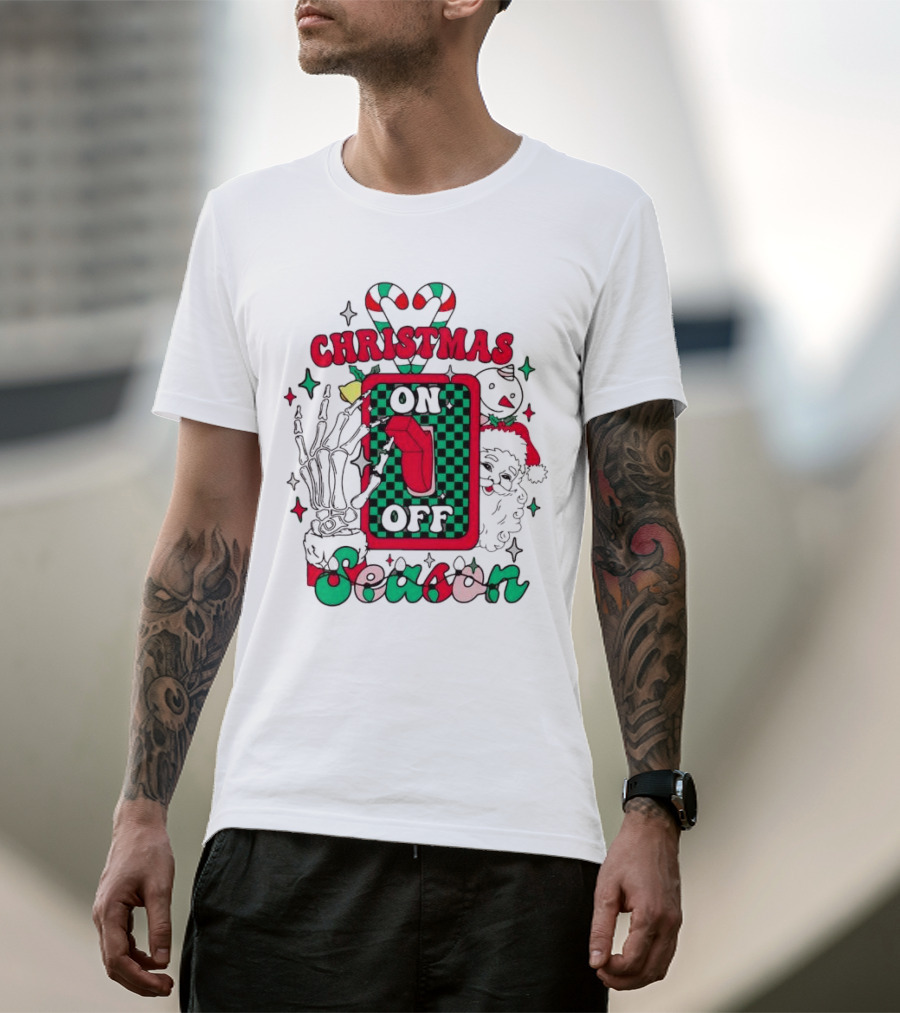 Christmas Season On Off Skeleton Hand Santa Claus T-Shirt