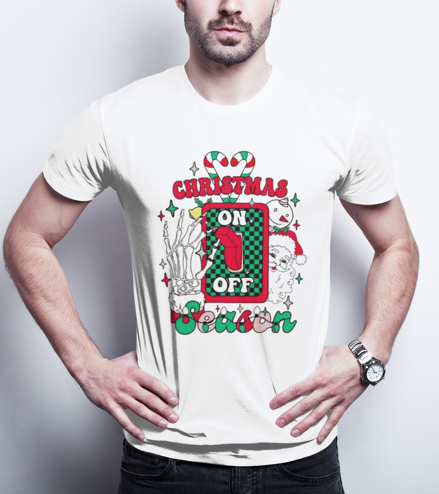 Christmas Season On Off Skeleton Hand Santa Claus T-Shirt