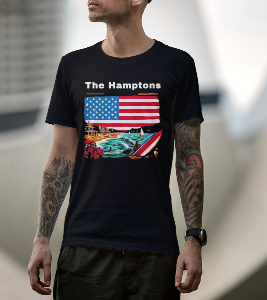 The Hamptons American Flag Beach Oceanside Surfing Scene T-Shirt