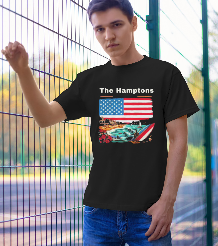 The Hamptons American Flag Beach Oceanside Surfing Scene T-Shirt