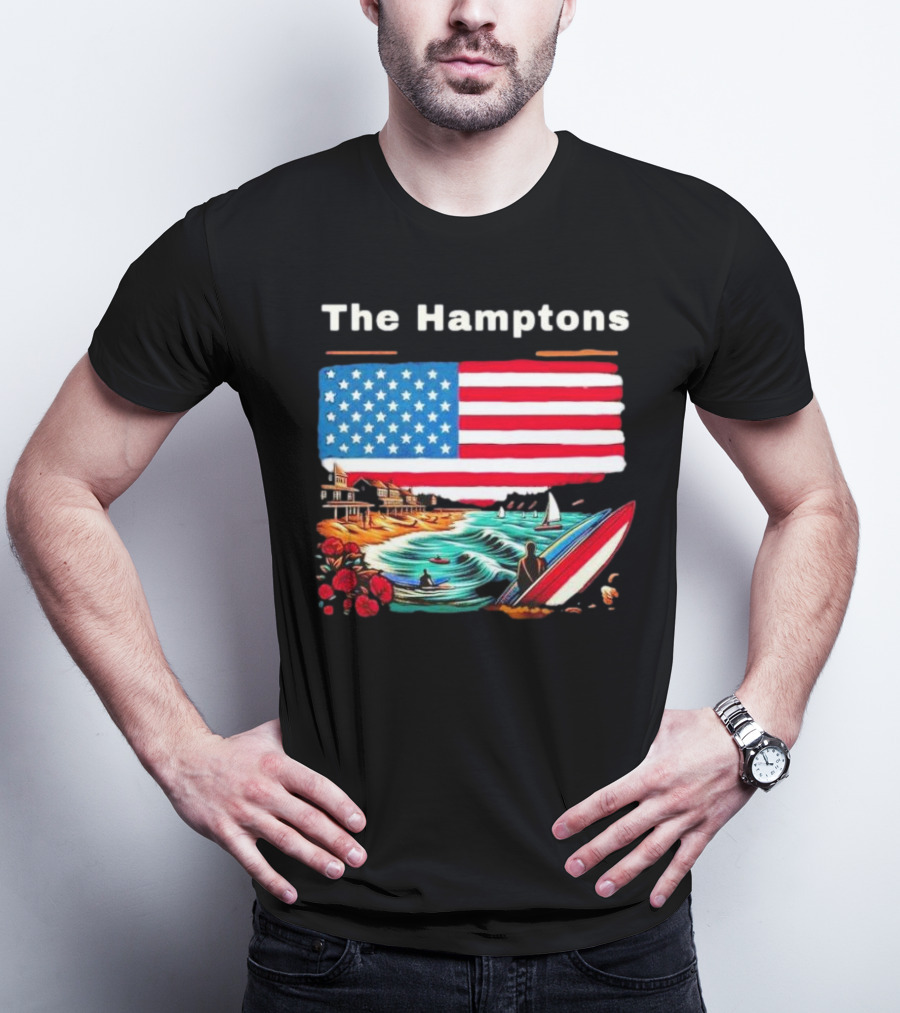 The Hamptons American Flag Beach Oceanside Surfing Scene T-Shirt