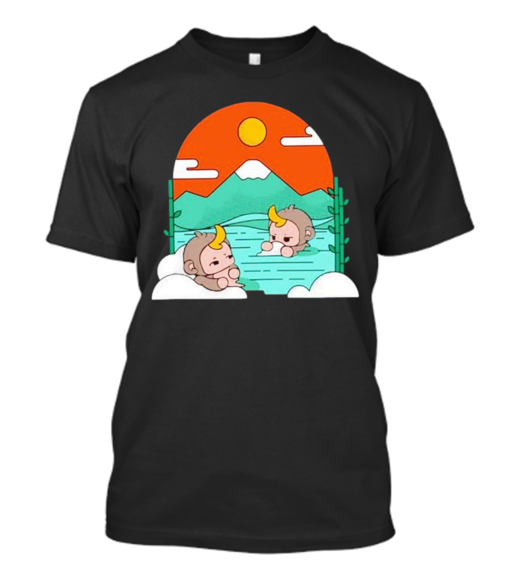 The Tranquil Monkey Hot Spring Relaxation Scene With Mountains And Sun T-Shirt