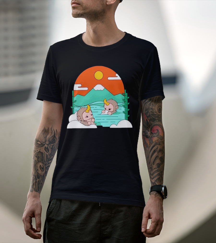 The Tranquil Monkey Hot Spring Relaxation Scene With Mountains And Sun T-Shirt