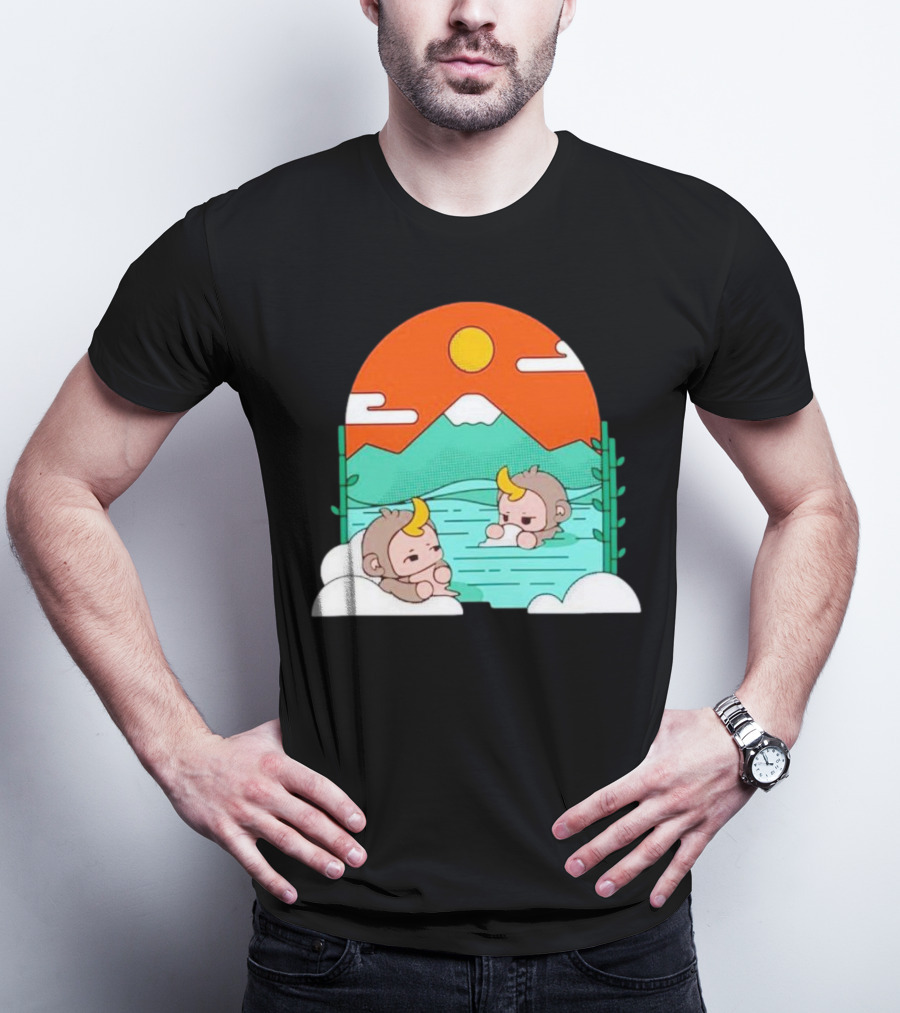 The Tranquil Monkey Hot Spring Relaxation Scene With Mountains And Sun T-Shirt