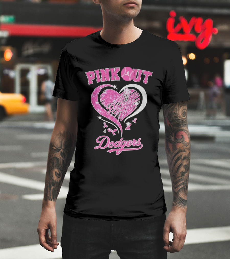 Pink Out Dodgers Heart Breast Cancer Los Angeles T-Shirt