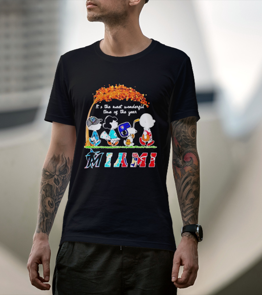 Miami Sports Peanuts Characters Walking Fall It's The Most Wonderful Time Of The Year T-Shirt