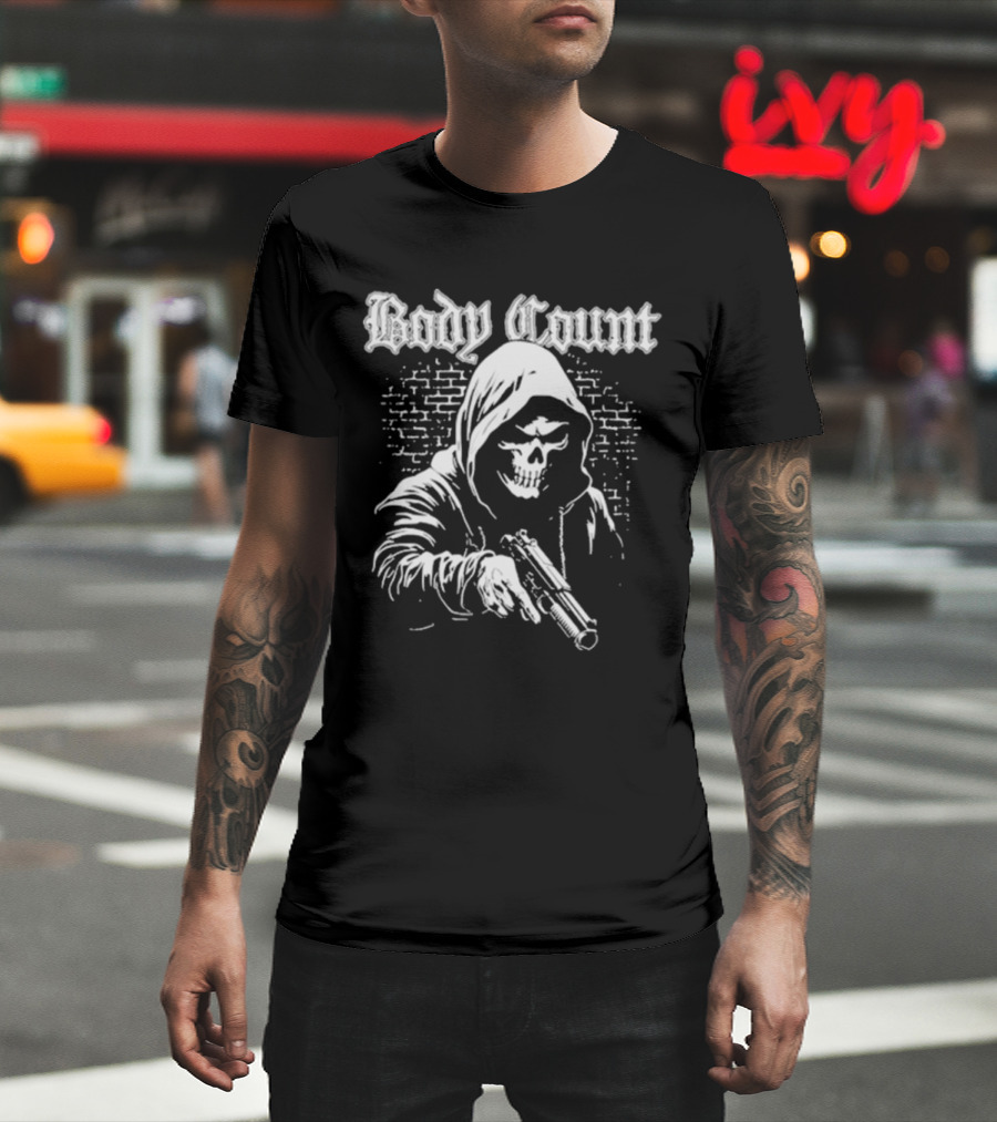 Body Count Hooded Skull With Gun Brick Wall Background T-Shirt